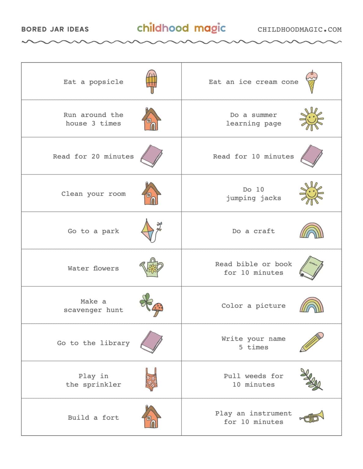 Bored Jar Activity Ideas for Kids + Free Printable - Childhood Magic