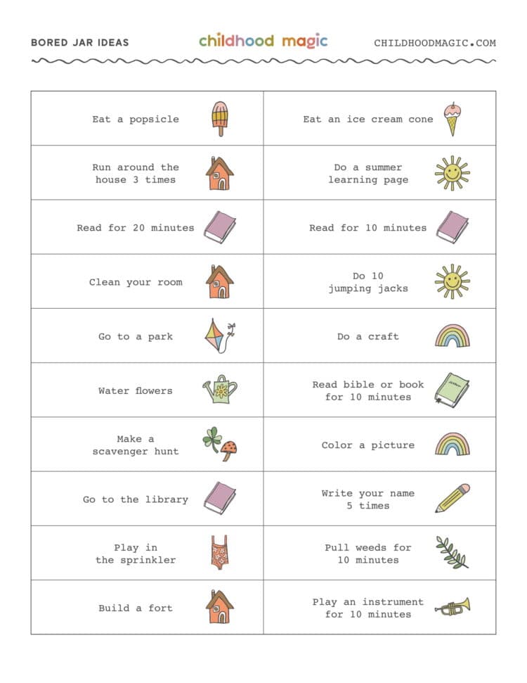 Bored Jar Activity Ideas for Kids + Free Printable - Childhood Magic