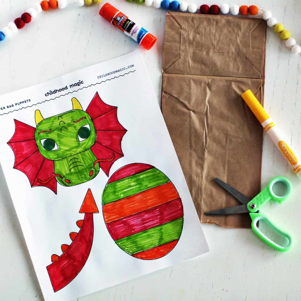 Dragon Paper Bag Puppet Craft with Free Printable - Childhood Magic