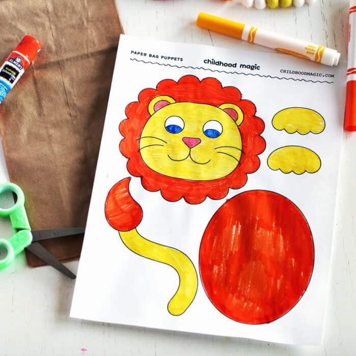 Lion Paper Bag Puppet Craft with Free Printable - Childhood Magic